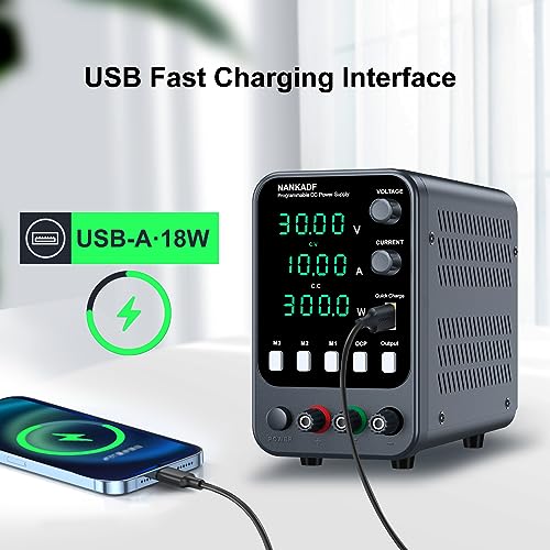 NANKADF DC Power Supply, 30V 10A Bench Power Supply with Memory Storage & Recall,Variable Power Suppy with Encoder Adjustment Knob, 5V/3.6A USB Quick-Charge & OCP Short Circuit Alarm