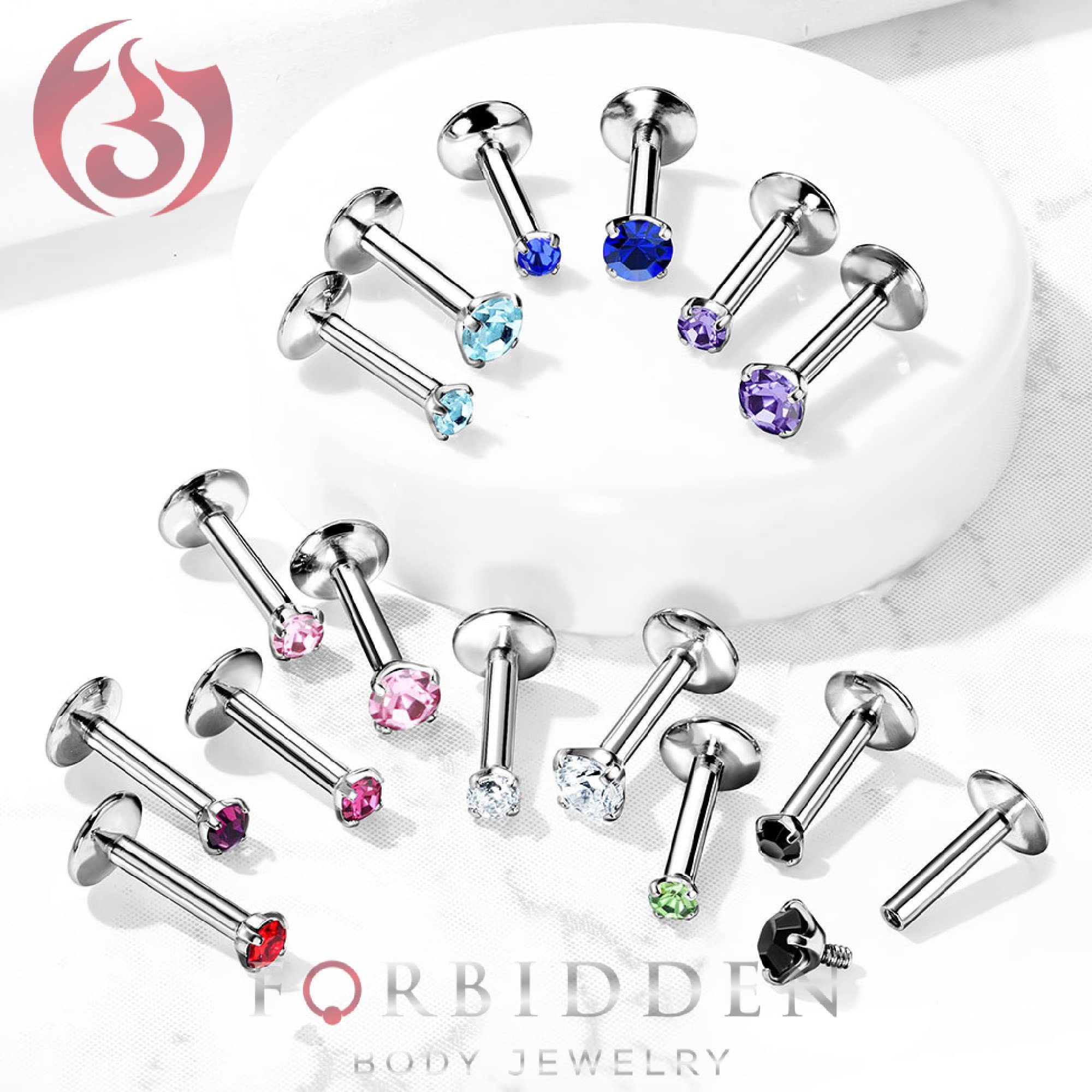 Forbidden Body Jewelry 16g 8mm Internally Threaded Surgical Steel Tragus, Helix Earring and Labret Stud with 2mm Red CZ Top