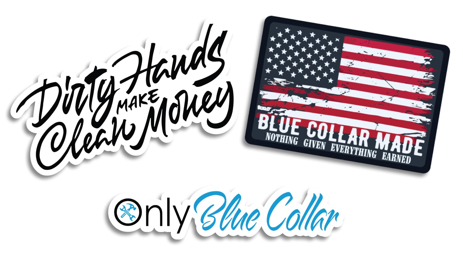 Sticky Expressions | Only Blue Collar, Dirty Hands Clean Money Sticker & American Flag Hard Hat Stickers for Men (3 Pcs) â Durable, Waterproof Hard Hat Stickers for Men.