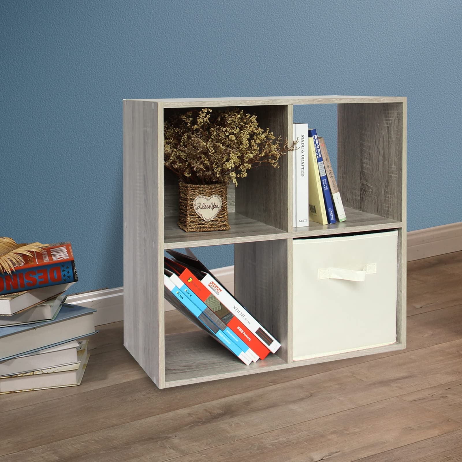 PACHIRA E-Commerce Wooden Storage Bookshelf, 4 Cube Unit Shelf, Closet Cabinet, DVD Rack File Organizer Bookcase Rack, Each Cube 11 Inch, Oak Grey