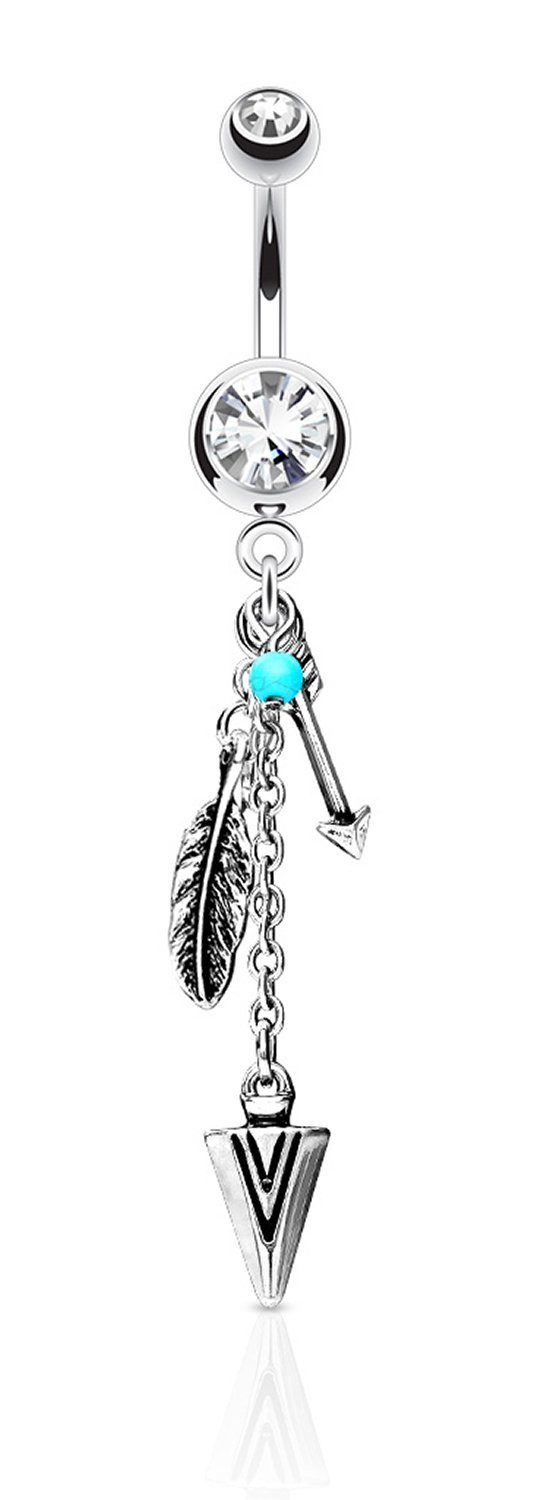 Forbidden Body Jewelry Surgical Steel Clear Crystal Tribal Feather and Arrow Charms Synthetic Turquoise Dangle Belly Ring