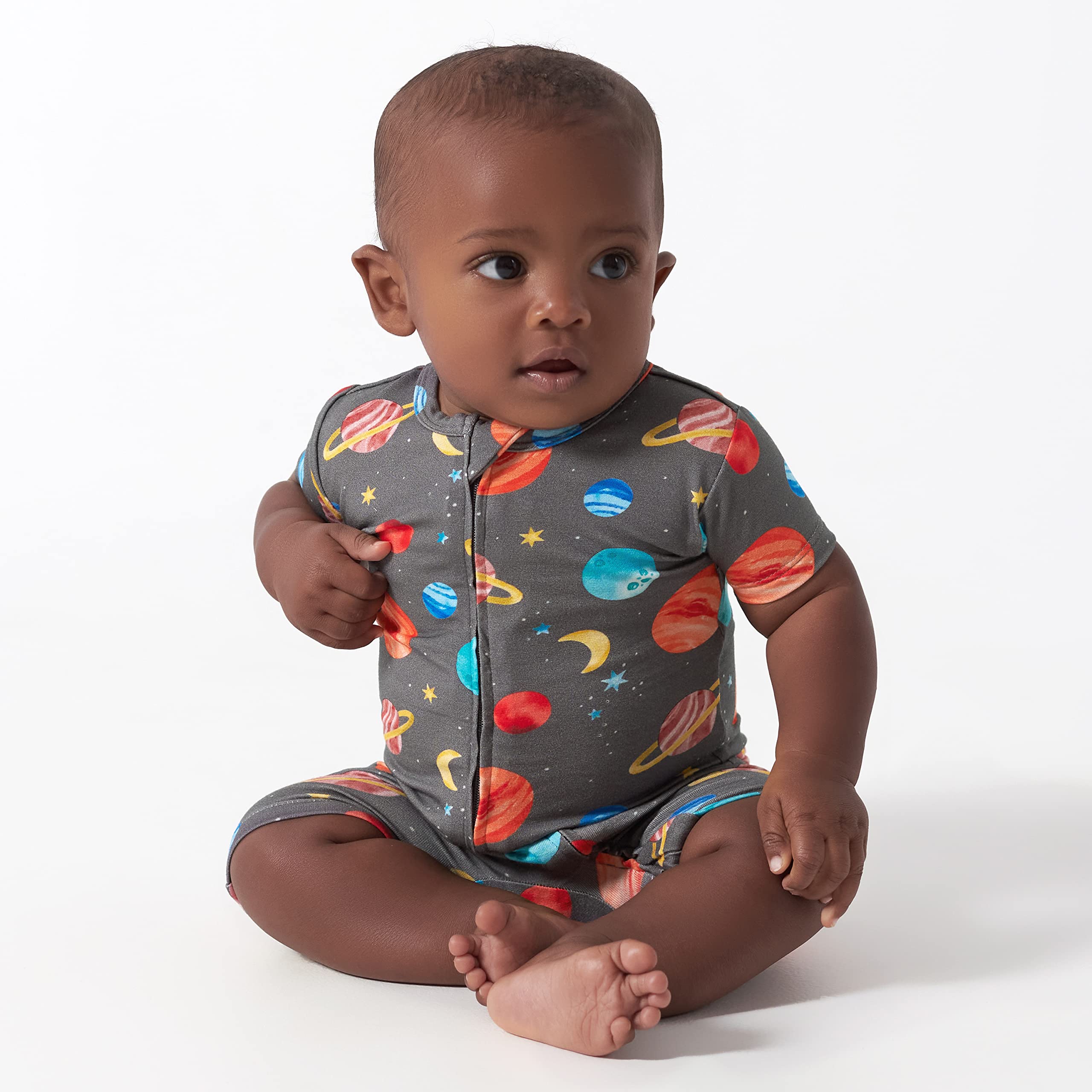 Gerber Unisex Baby Buttery Soft Short Sleeve Romper with Viscose Made from Eucalyptus, Space, 12 Months