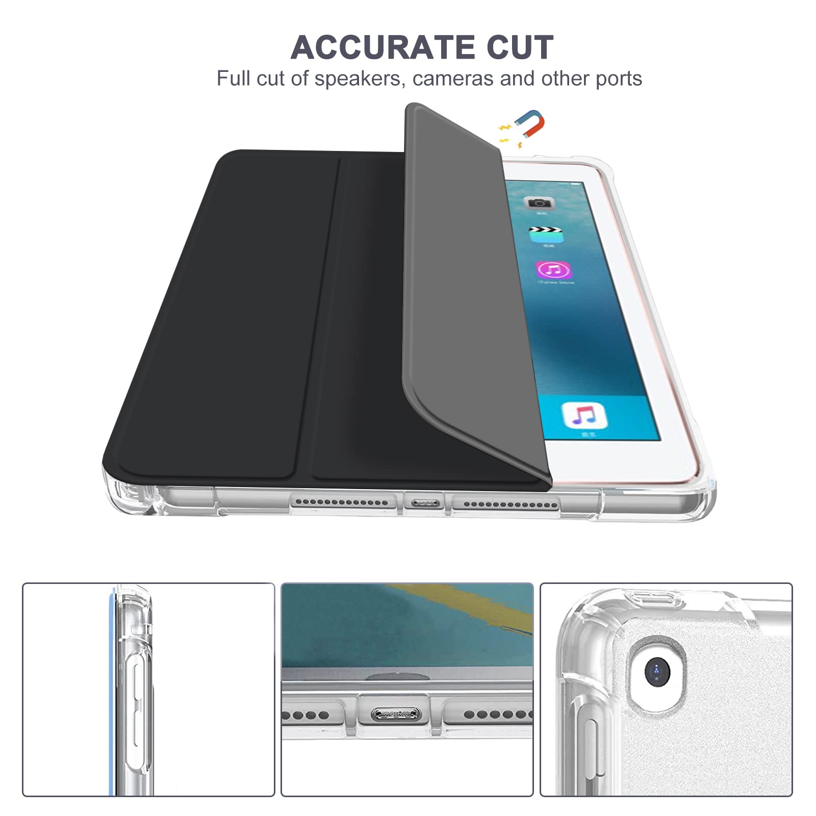 LRCXL Case Compatible with iPad 10.2 Inch 2021/2020 iPad 9th/8th Generation & 2019 iPad 7th Generation with Pencil Holder, Protective Case with Soft Clear TPU Back, Auto Sleep/Wake Cover(Black)
