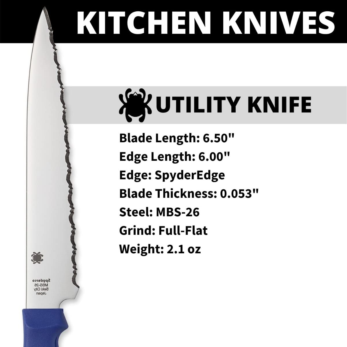 Spyderco Lightweight Kitchen Utility Knife with 6.5" MBS-26 Stainless Steel Blade and Blue Polypropylene Plastic Handle - SpyderEdge - K04SBL