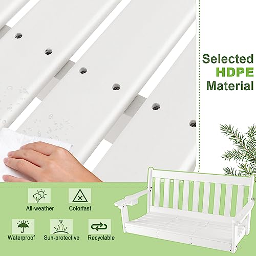 Tangkula 2 Person Hanging Porch Swing, Outdoor Bench Swing with Adjustable Chains, Hidden Cup Holders, HDPE Tree Swing Chair for Patio Backyard Deck Garden, 54 Inch (White)
