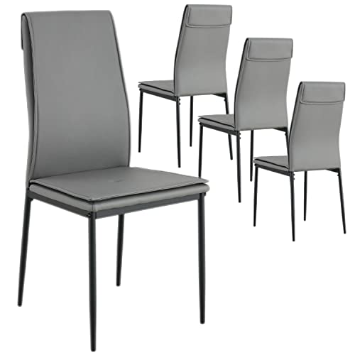 Modern Dining Chairs Set of 4, Kitchen Chair Dinner Chair with PU Leather High Back Upholstered Cushion and Metal Legs, Living Room Bedroom, Grey