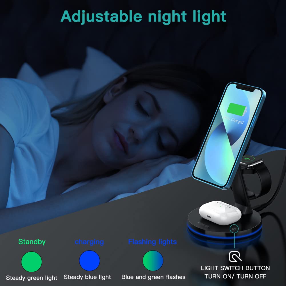 weetla 3 in 1 Magnetic Wireless Charger Stand,Fast Wireless Charger for iPhone 14/13/12 Series, iWatch 7/6/SE/5/4/3/2, AirPods 2/Pro(with QC3.0 Adapter)