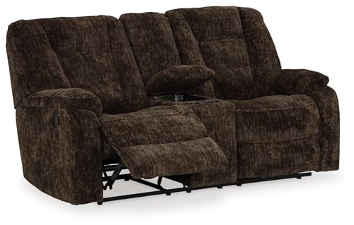 Signature Design by Ashley Soundwave Contemporary Manual Reclining Loveseat with Console and Cup Holders, Dark Brown