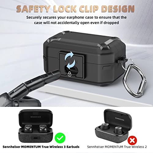 WOFRO Case for Sennheiser Momentum True Wireless 3 Earbuds with Secure Lock Clip Hard Shell Protective Cover Military Armor Series Full-Body Shockproof with Carabiner (Black)