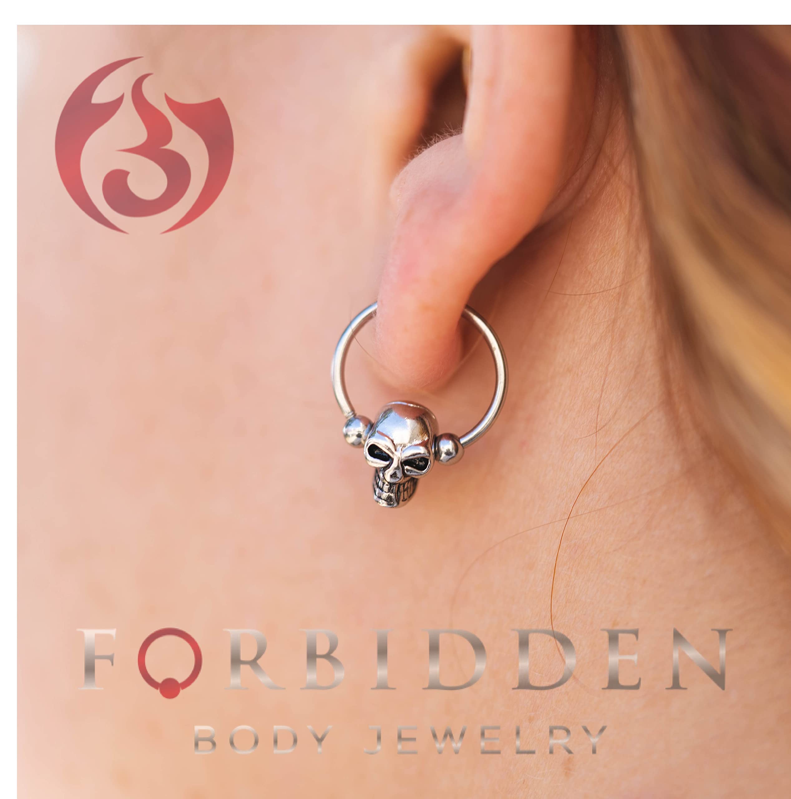 Forbidden Body Jewelry Surgical Steel Skull Captive Bead Ring Hoops, Skull Septum Ring, Nipple Ring, CBR 14G 12mm (Sold as a Set)