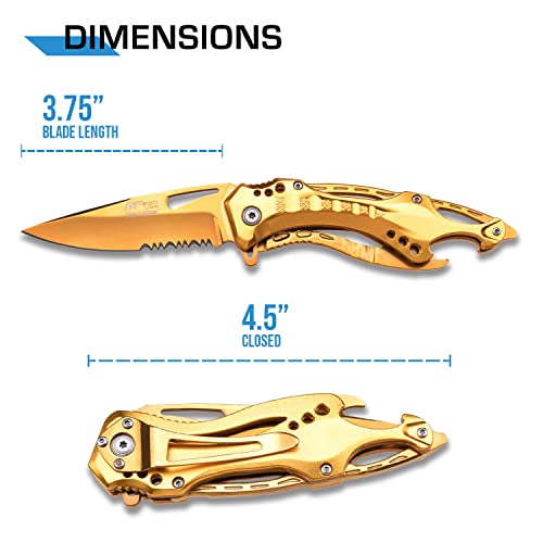 MTech USA β Spring Assisted Folding Knife β Partially Serrated Gold TiNite Coated Stainless Steel Blade, Gold TiNite Coated Aluminum Handle, Pocket Clip, Tactical, EDC, Self Defense- MT-A705GD