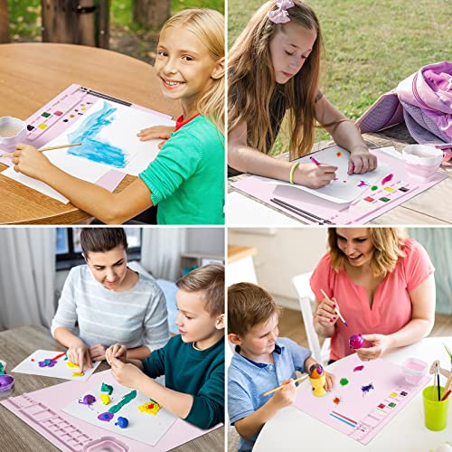 Silicone Painting Mat, Art Mat with Cup, Craft Paint Brush Cleaner Tool, Artist for Kids Gift Clay DIY Creations (Pink)