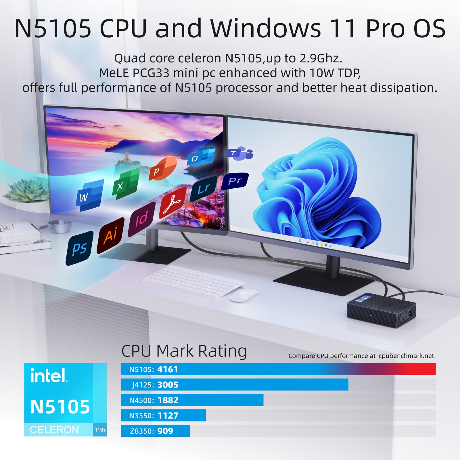 Mini PC,MeLE Quieter HD3 Fanless Mini PC Celeron N5105 16GB LPDDR4 512GB ROM Small Desktop Computer Micro Form Factor PC with WIFI 6,BT 5.2,Gigabit Ethernet,USB 3.0,Dual 4K HDMI,1x VGA for Office/Home