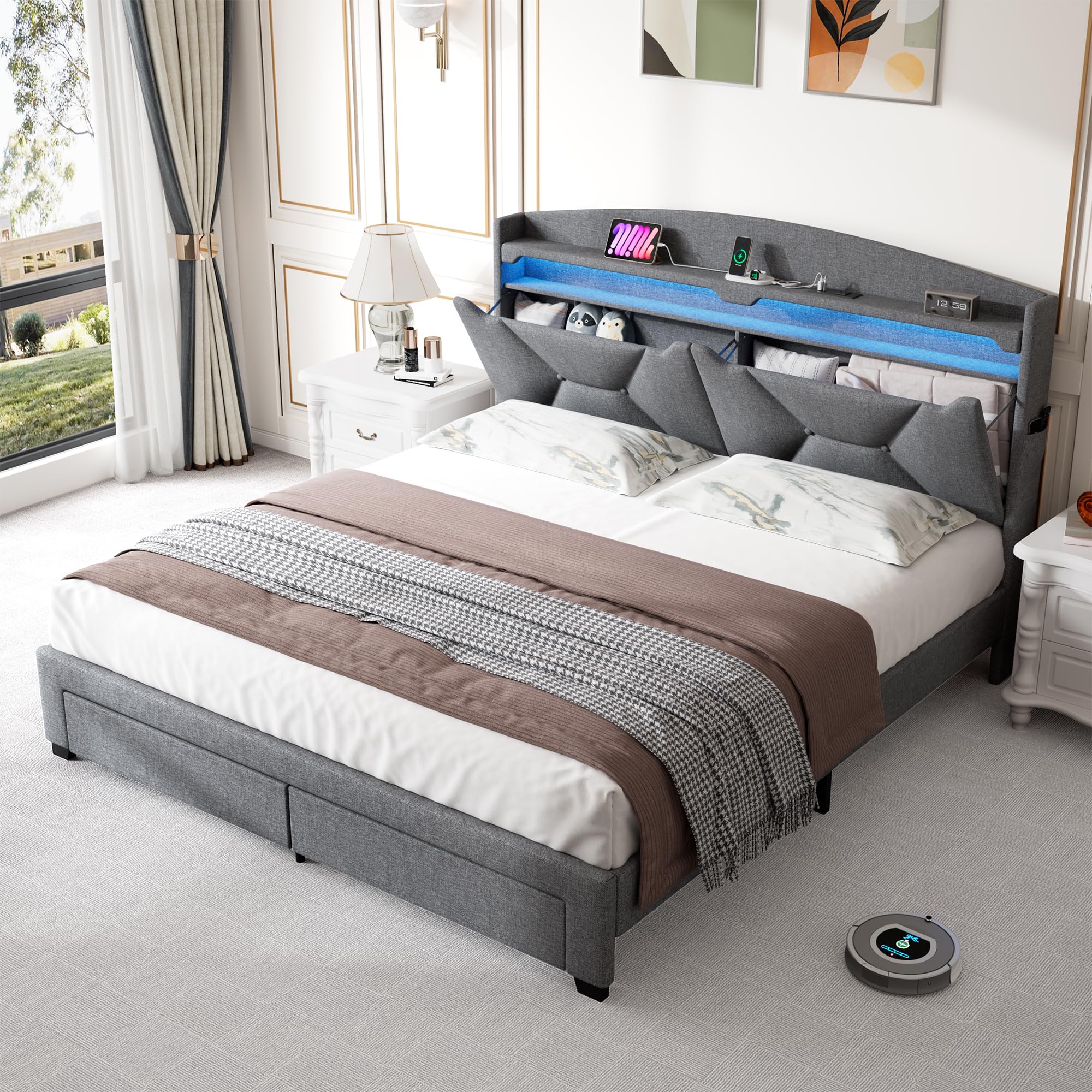 PDCOAK Full Bed Frame with Storage Headboard, Upholstered LED Bed Frame with 2 Storage Drawers Charging Station,Wood Slats Support, No Box Spring Needed, Noise Free, Grey