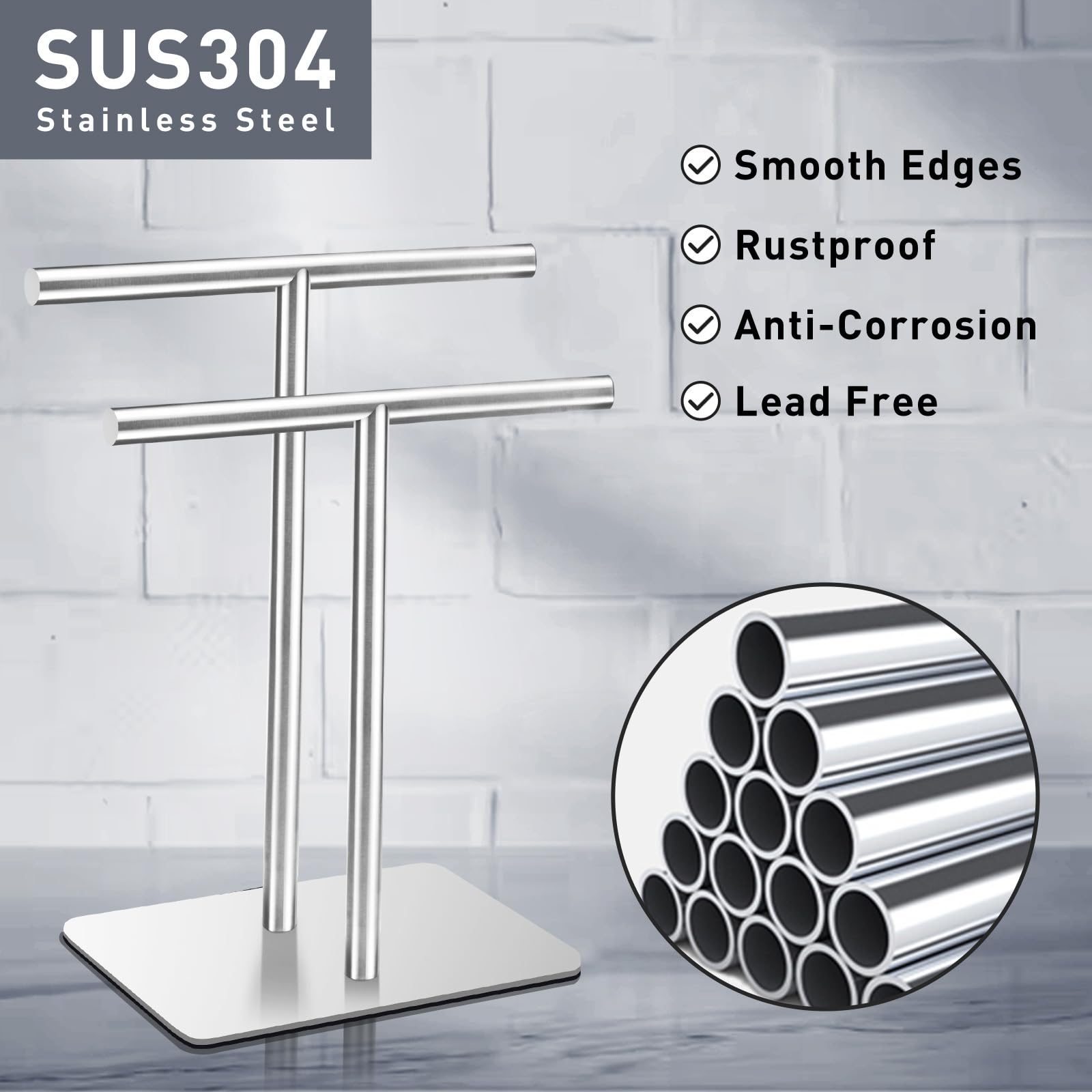 Square T-Shape Hand Towel Holder 2-Tier - Standing Hand Towel Rack for Bathroom or Kitchen Countertops, with SUS304 Stainless Steel Brushed Finish,Minimalist Style