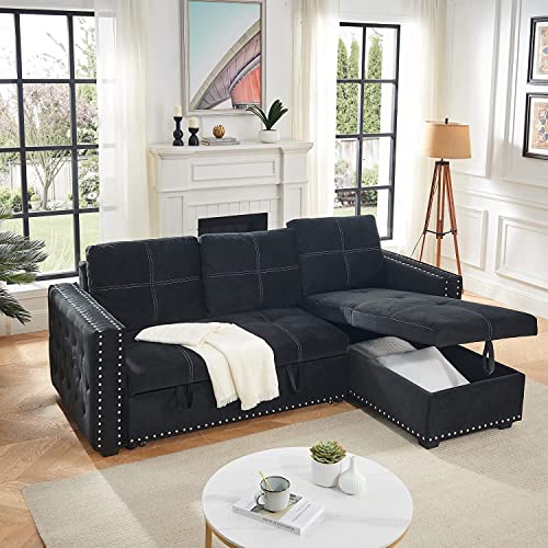 Sectional Sofa with Chaise, HABITRIO 91" L-Shape Loveseat Couch w/Roll-out Sleeper Bed, Reversible Storage Lounge, Black Velvet Upholstered Button Tufted Nailhead Trim Accent Furniture for Living Room