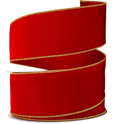 Red Velvet Ribbon Velvet Christmas Ribbon Red Wired 50 Yards/2.5 (2 1/2) Inch Wide w. Gold Trim Wire-Edge: Valentine, Xmas Gift Wrap, Christmas Tree Bows / Outdoor/ Wire Ribbons for Crafts/Gifts