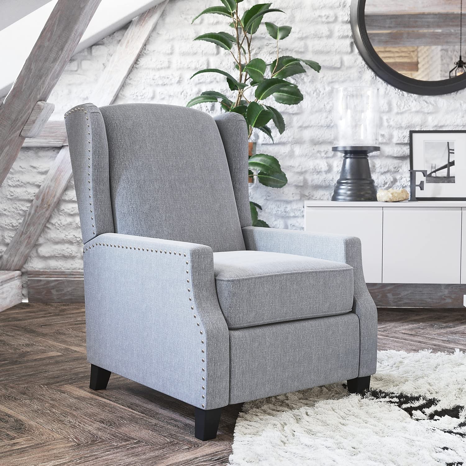 Flash Furniture Prescott Polyester Fabric Upholstered Slim Wingback Recliner, Modern Pushback Recliner Chair with Pocket Spring Seat, Gray