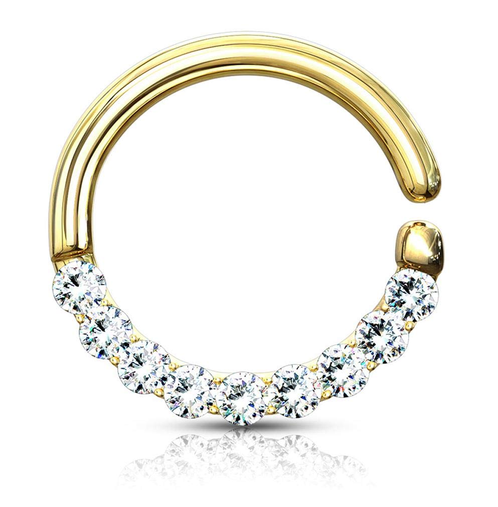 Forbidden Body Jewelry 16g CZ Lined Bendable Septum/Daith/Cartilage Hoop - 14k Gold Plated/Clear