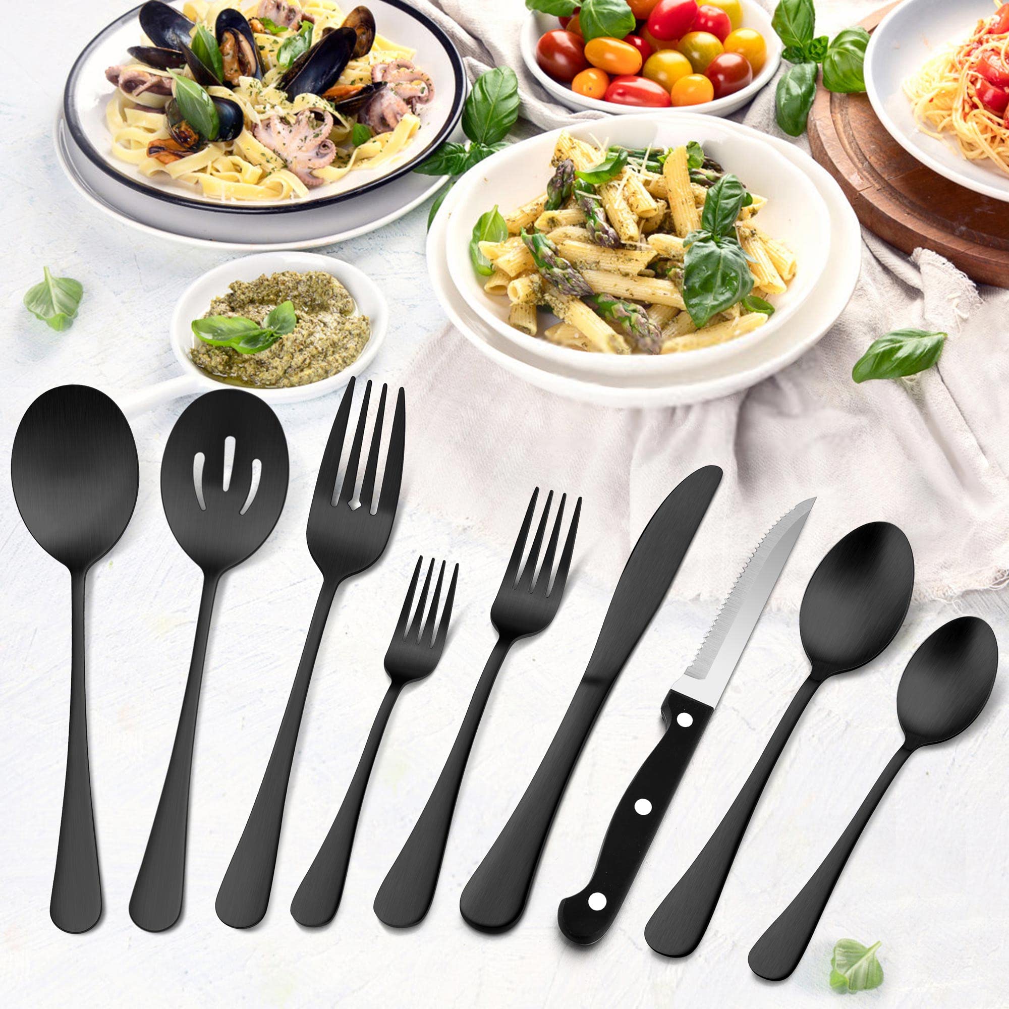 LIANYU 53-Piece Matte Black Silverware Set with Steak Knives and Serving Utensils, Modern Stainless Steel Flatware Cutlery Set for 8, Fancy Eating Utensils Tableware, Dishwasher Safe