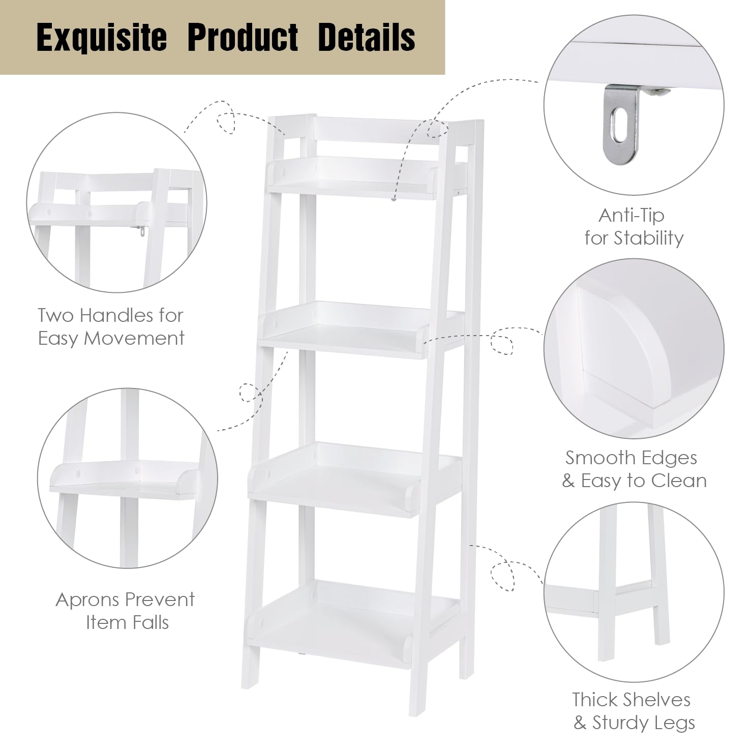 UTEX 4-Tier Ladder Shelf, Bathroom Shelf Freestanding, 4-Shelf Spacesaver Open Wood Shelving Unit, Ladder Shelf (White)