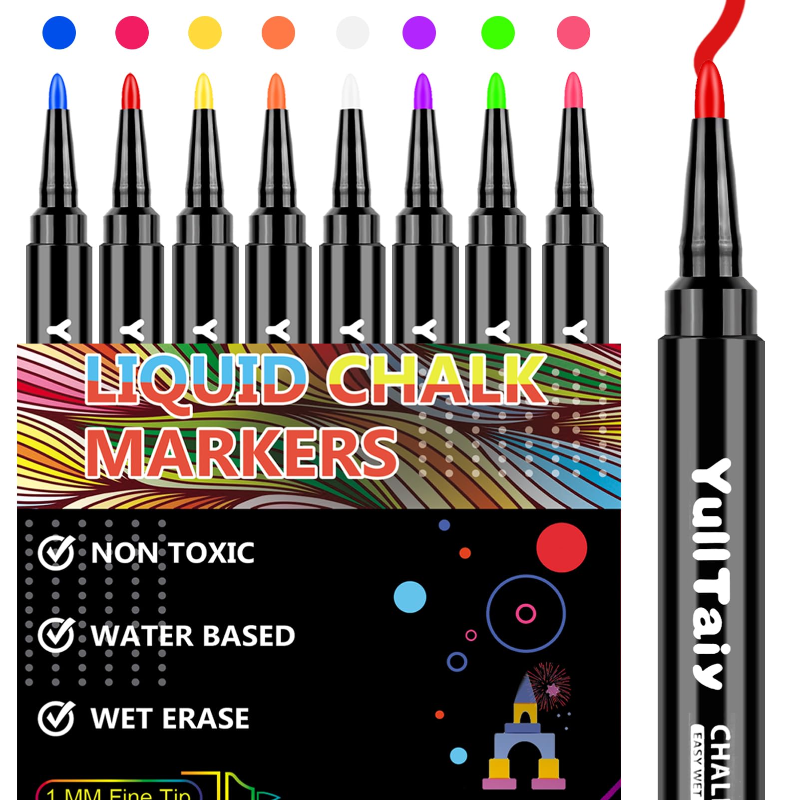 YullTaiy Chalk Markers for Blackboard - Chalkboard Markers, Fine Tip Wet Erase Markers, Liquid Chlak Pens for Chalk board, First & Last Day of School Board, Window, Glass, Mirror (8 Color)