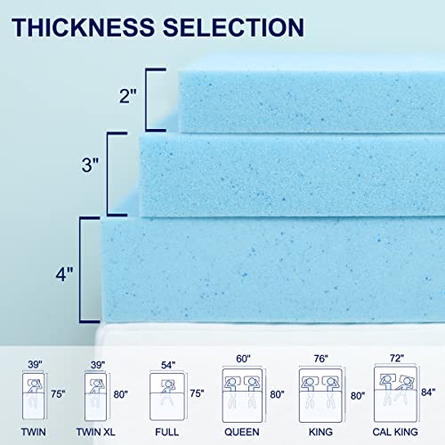 subrtex 4 Inch Memory Foam Mattress Topper Ventilated Gel Infused Bed Foam Topper, CertiPUR-US Certified, California King, Blue