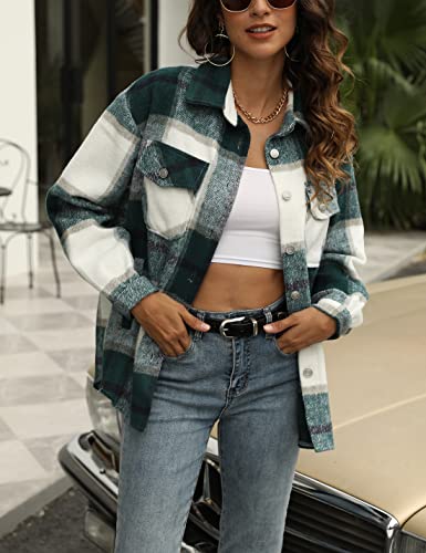 Tanming Womens Brushed Flannel Plaid Lapel Button Short Pocketed Shacket Shirts Coats(01 Green-M)