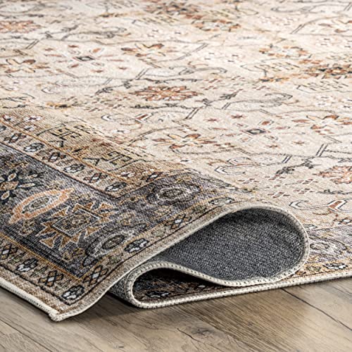 nuLOOM Annelle Floral Border Machine Washable Ultra Thin Area Rug, 5' x 8', Beige
