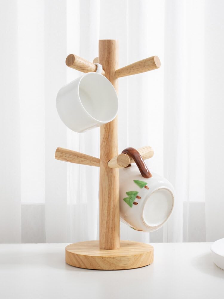 TUPANDY Mug Holder Wooden Mug Rack Tree with 6 Hooks Coffee Cup Organizer Stand Wood Mug Hanger Stand for Display Coffee Mugs Glasses and Cups for Kitchen Dinnerware Storage, FBA-HYYU66899