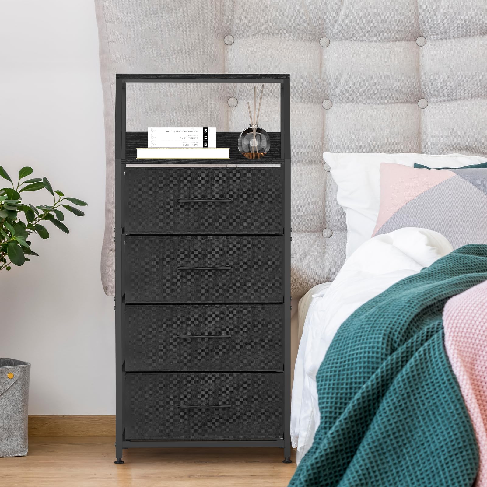 OGEMXU Nightstand with Drawers, Small Dresser with 3 Fabric Drawers, 2-Tier Shelf Bedside Table Storage and Organization, End Table Storage Shelf for Small Space, Bedroom, Apartment, Black
