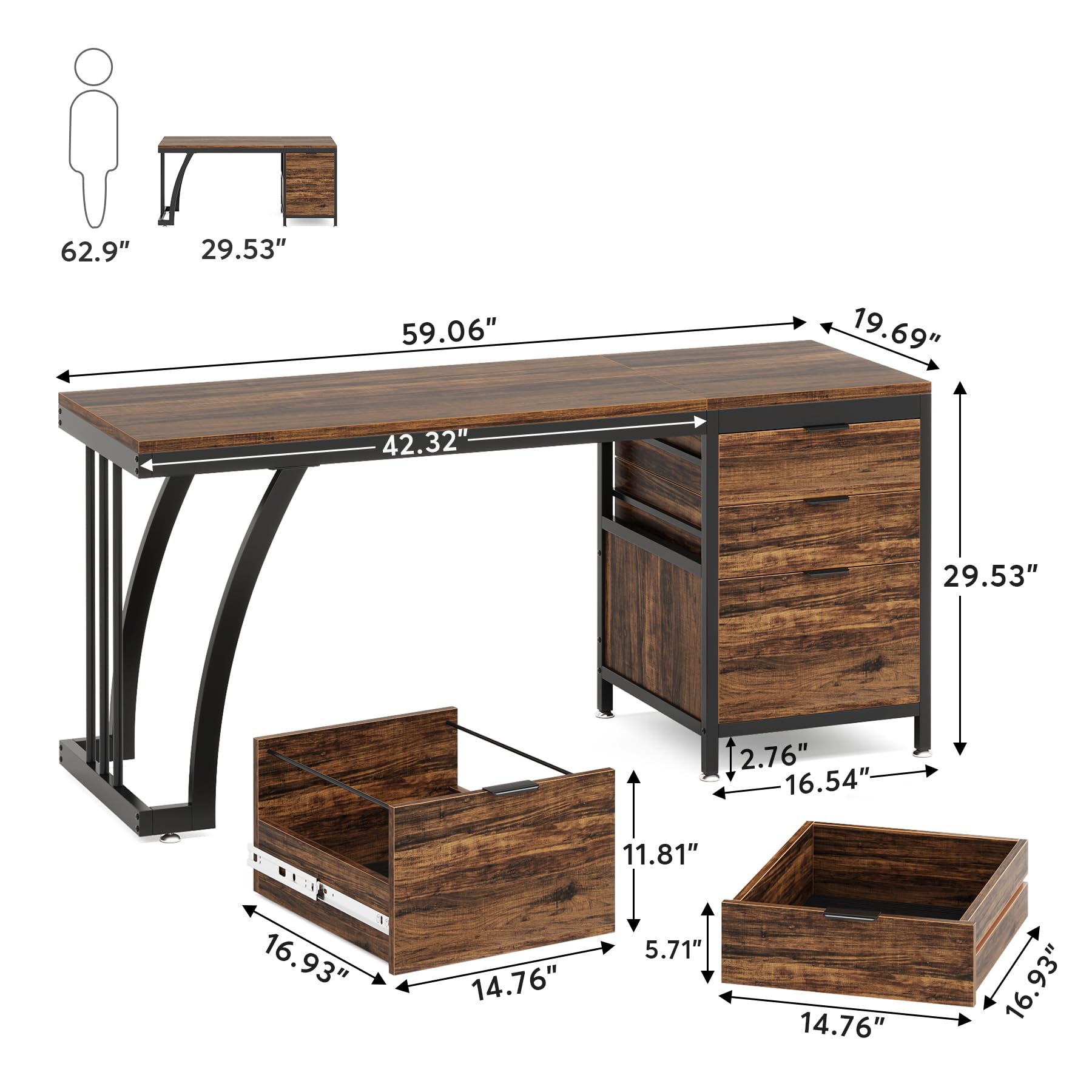 Tribesigns Computer Desk with 3 Drawers, 59-Inch PC Desk with Reversible Drawers, Industrial Study Writing Table Workstation with File Storage for Home Office, Rustic Brown