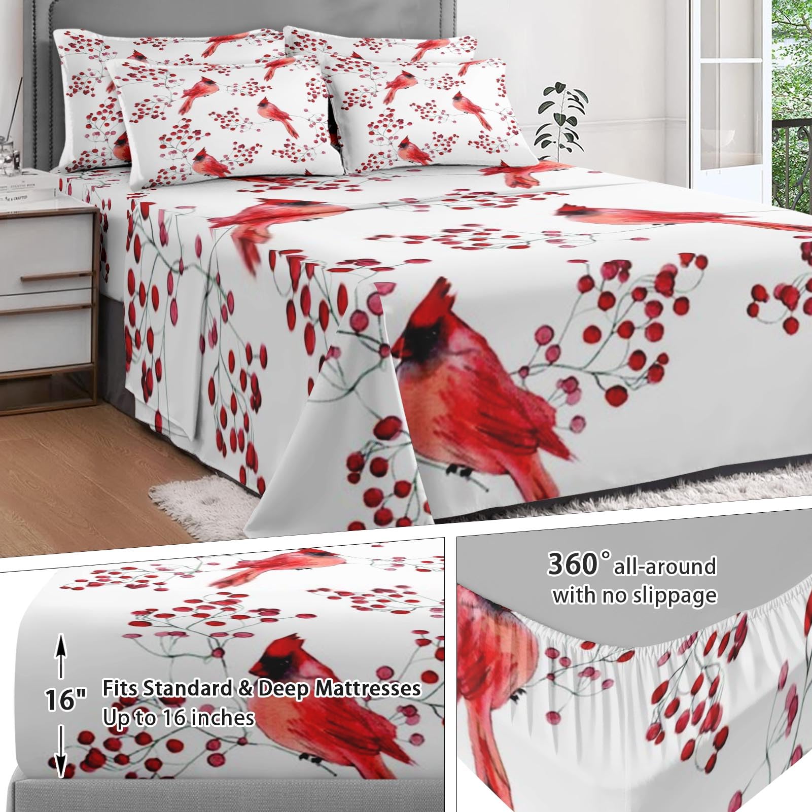 Pinbeam 7 Pcs Comforter Set Queen Size, Cute Winter Cardinal Bed in a Bag with Flat Sheet and Fitted Sheet for Kids and Adults, Birds Christmas Red Bedding Set with Pillowcases & Shams