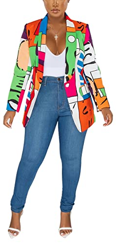 Women's Graphic Print Blazer Button Open Front Long Sleeve Casual Jacket Multicolored X-Large