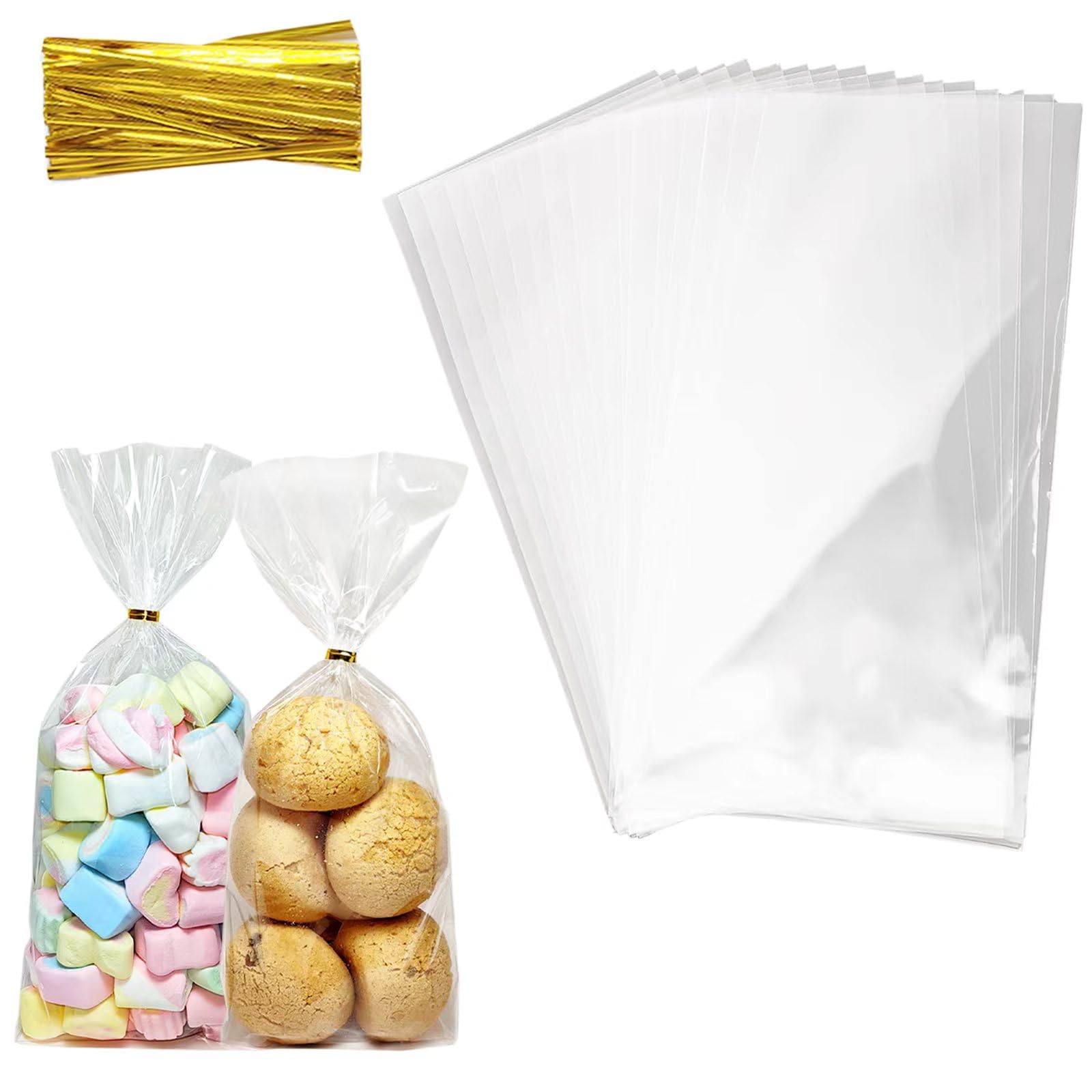 QOIUSO 100pcs Cellophane Treat Bags: 5 x11 Inch Clear Cellophane Bags for Candy Snacks Cookies Holiday Gift Wrapping - Plastic Goodie Bags with 110 Twist Ties for Christmas New Year Party Favors