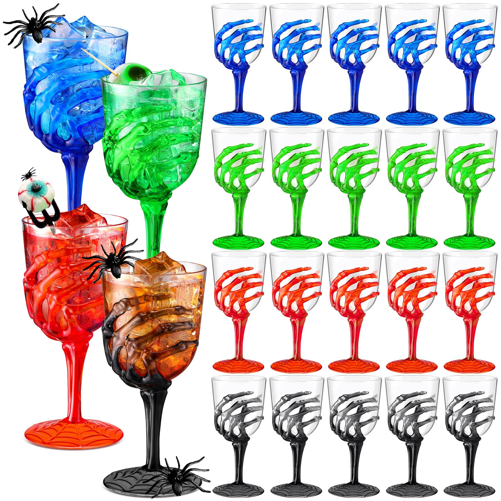 Sliner 24 Pcs Halloween Skeleton Hand Plastic Goblets 12 oz Spooky Skeleton Hand Goblets Halloween Wine Glasses Champagne Glassware Creepy Clear Cups for Halloween Party Haunted House, 4 Color