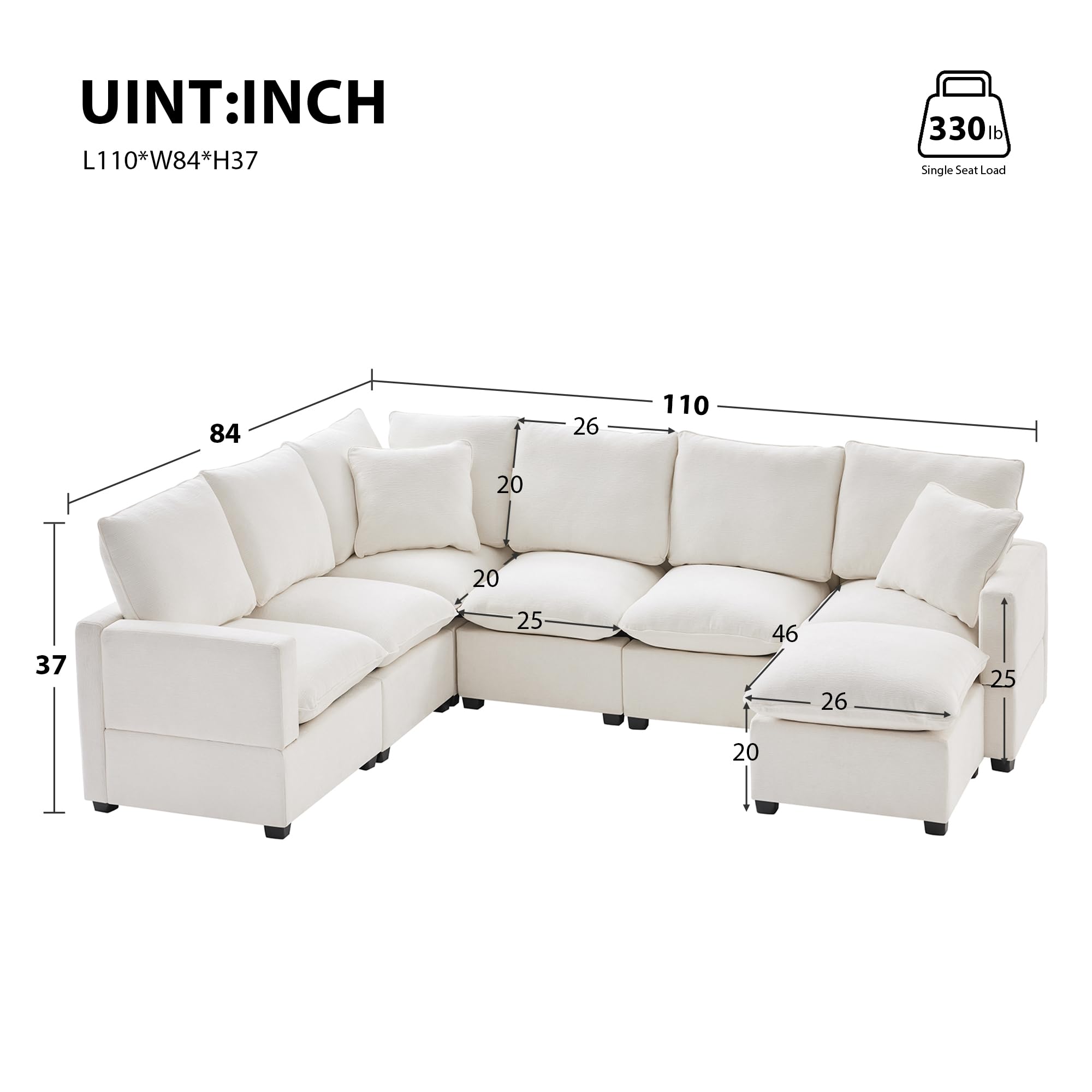 Tmsan 110" Chenille U Shaped Modular Sofa Cloud Couch, Modern 7 Seater Sectional Couch Set with 2 Pillows for Living Room Bedroom Apartment Office