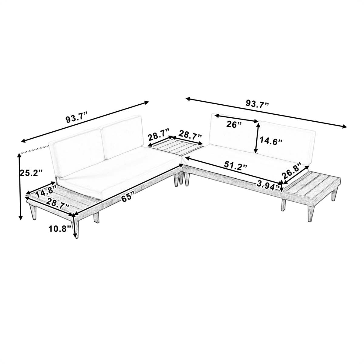 FOURBF 3-Piece Outdoor Patio Furniture Set Solid Wood Sectional Sofa Set with Coffee Table, Patio Conversation Set with Side Table and Cushions, Grey+Beige