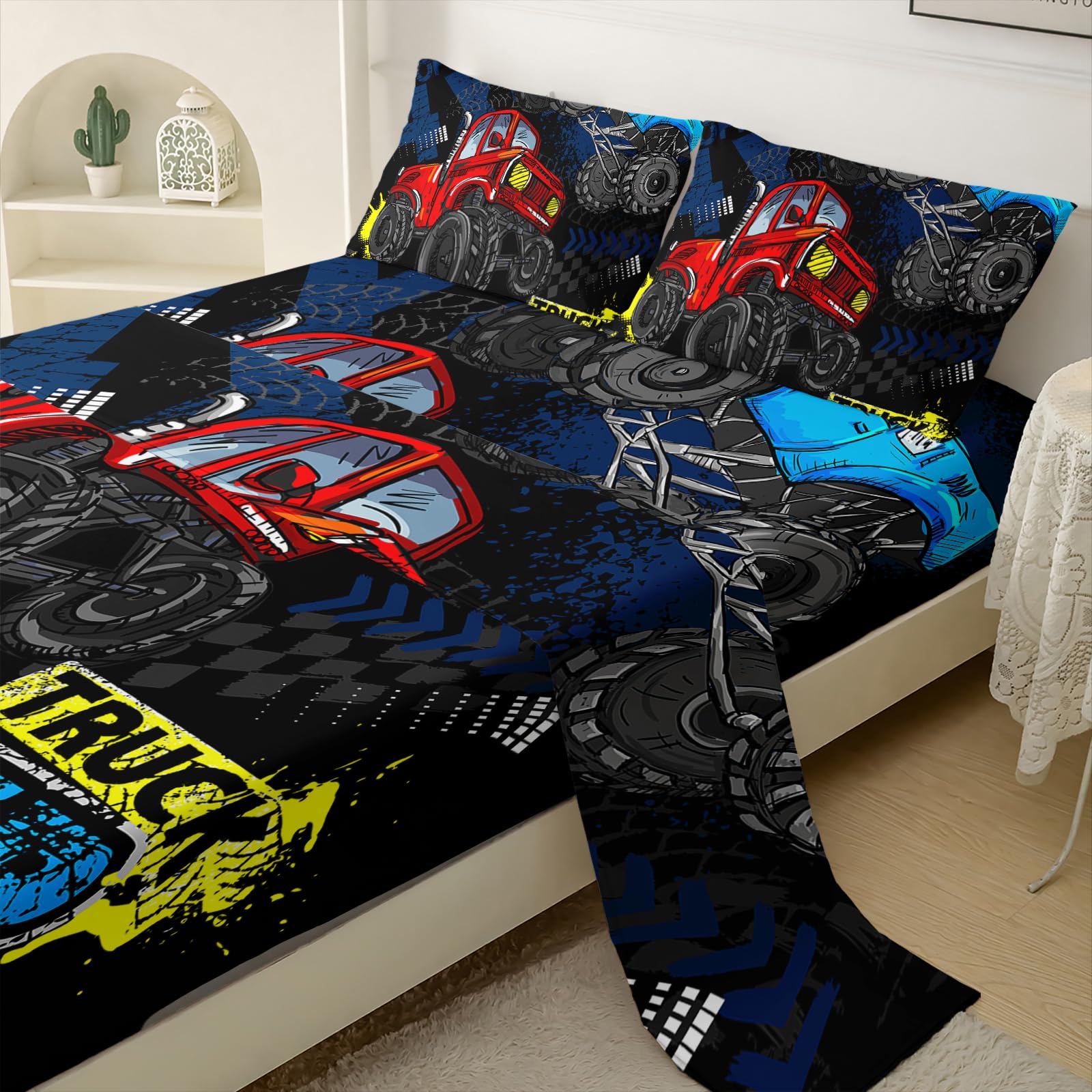 QOOMO Truck Bed Sheets Twin,Black Car Bed Sheet for Kids Boys Teens,16" Deep Pocket Bed Sheet Set for Boys/Girls/Kids/Teens,4 Piece Sheet Set, 1 Fitted Sheet,1 Flat Sheet and 2 Pillowcases,Twin Size