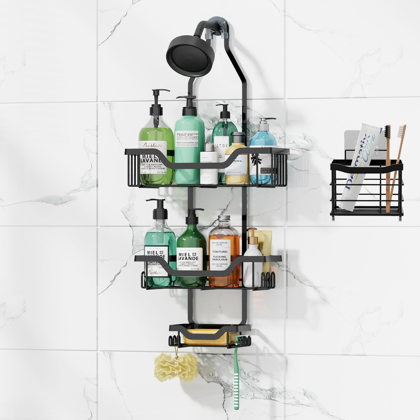 SILUB Shower Caddy Hanging, Anti-Swing Shower Caddy Over Shower Head with Toothbrush Holder, Hanging Bathroom Shelves with Hooks and Soap Holder, Rustproof Hanging Bathroom Organizer