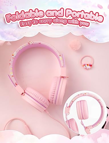 SIMJAR Unicorn Headphones with Microphone for School, Unicorn Rubber Band Included, Volume Limiter 85/94dB, Wired Foldable Girls Headphones for Online Learning/Travel/Tablet/iPad (Pink)