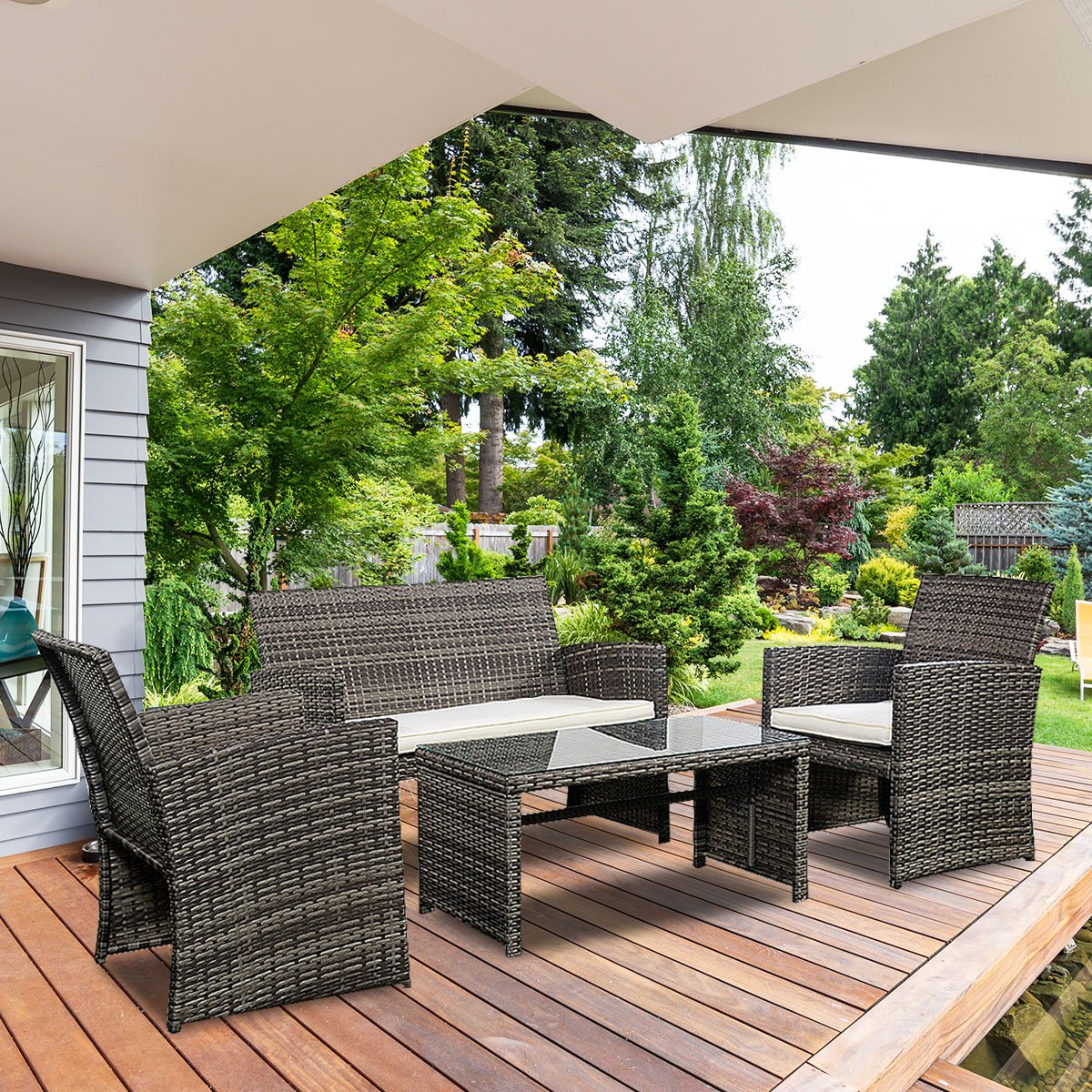 Tangkula AM0948HM Lawn Garden PE Rattan Wicker Furniture (Brown) 4 Piece Outdoor Patio Sofa Set
