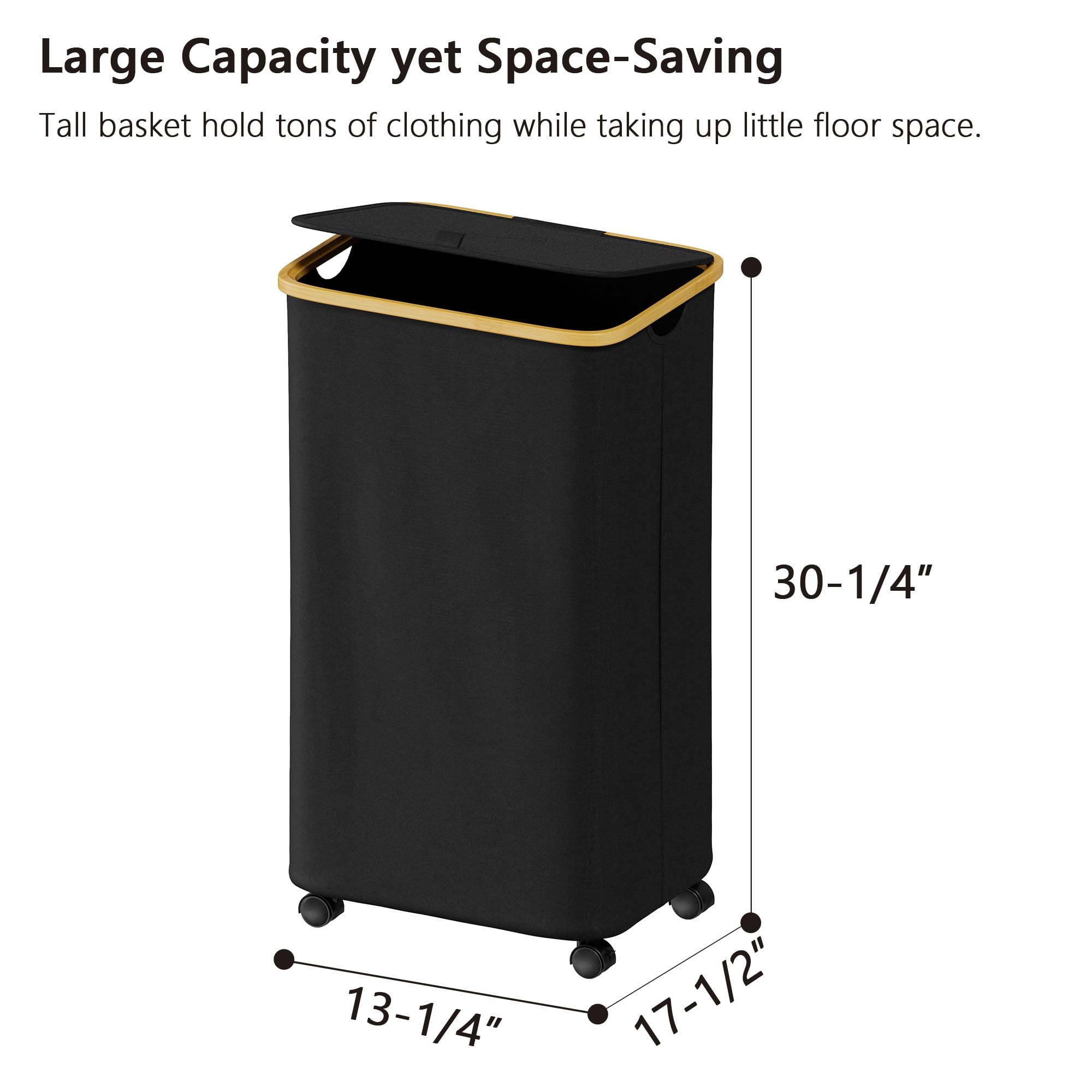 SUOCO Laundry Hamper with Wheels and Lid, 26 Gal (100L) Clothes Basket with Bamboo Handles, Large Foldable Laundry Hamper for Bedroom, Bathroom, Dorm, Laundry Room - Black