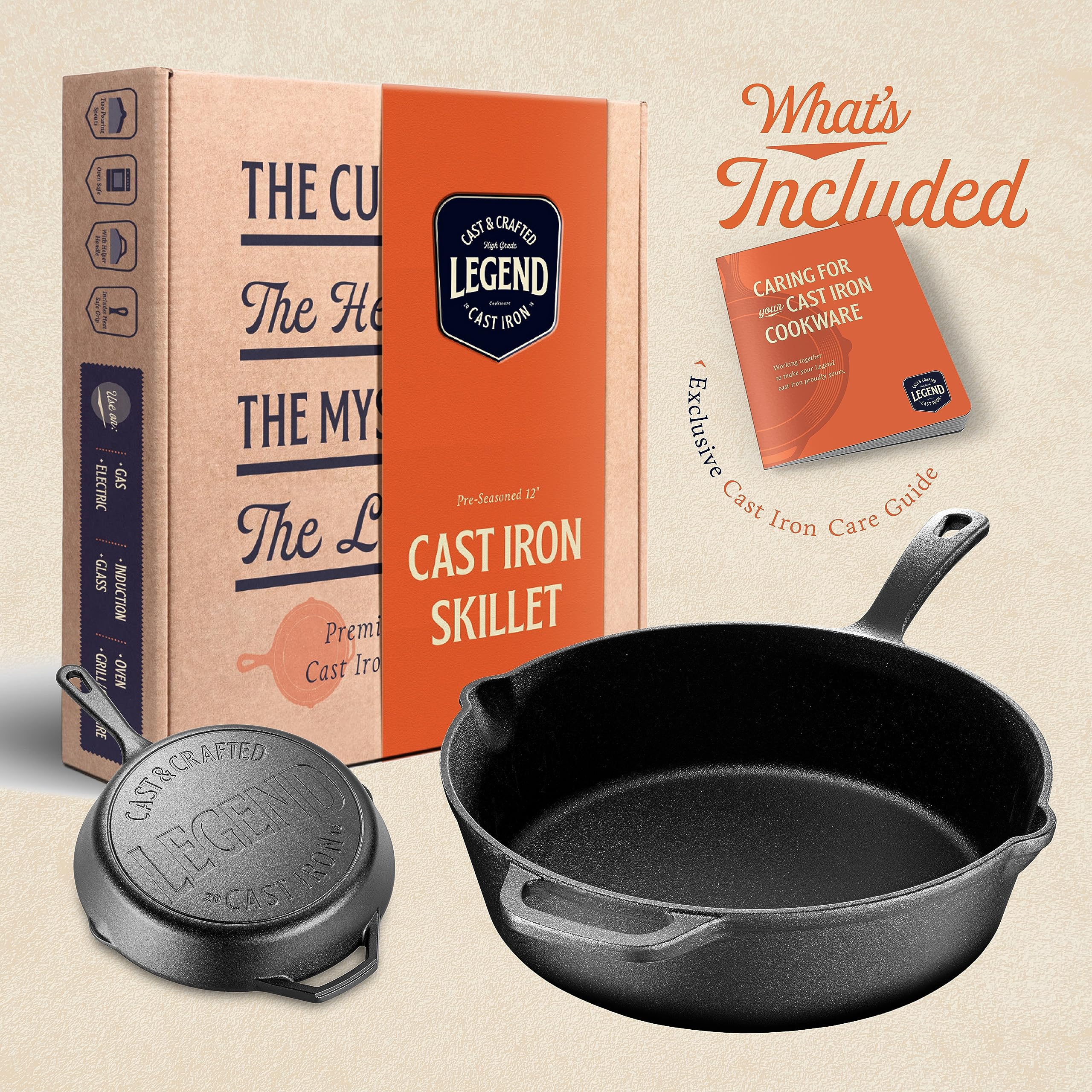 LEGEND COOKWARE | Cast Iron Skillet with Lid | Large 12” Frying Pan with Glass Lid | for Oven, Induction, Cooking, Pizza, Sautéing & Grilling