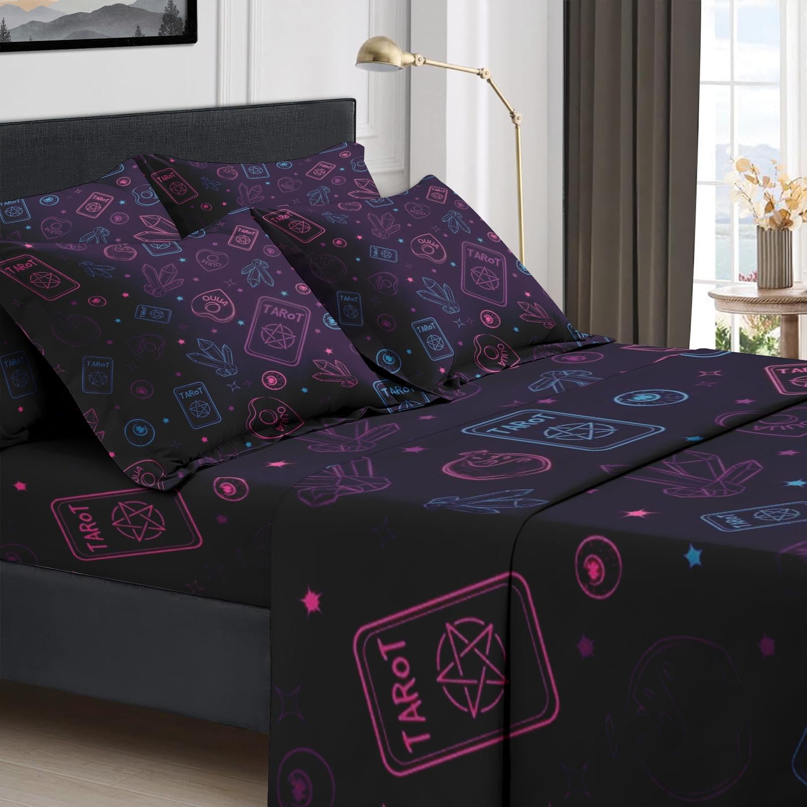 Pinbeam 7 Pcs Comforter Set Queen Size, Witchy Purple Blue Bed in a Bag with Flat Sheet and Fitted Sheet for Kids and Adults, Tarot Board Bedding Set with Pillowcase & Sham