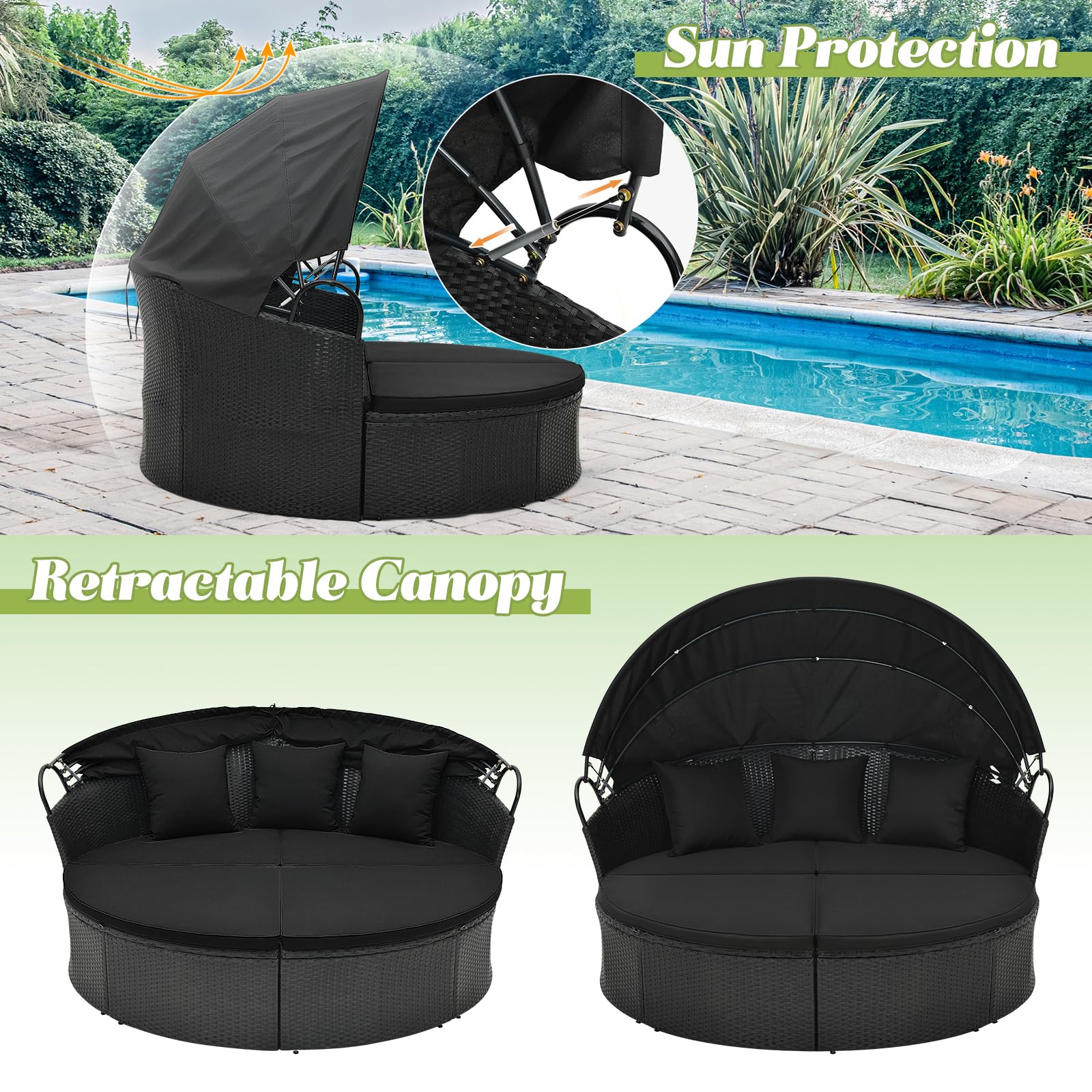 Tangkula Outdoor Patio Round Daybed with Retractable Canopy, Black Rattan Wicker Furniture Sectional Seating with Cushions and Throw Pillows, Seating Separates Cushioned Seats for Backyard (Black)