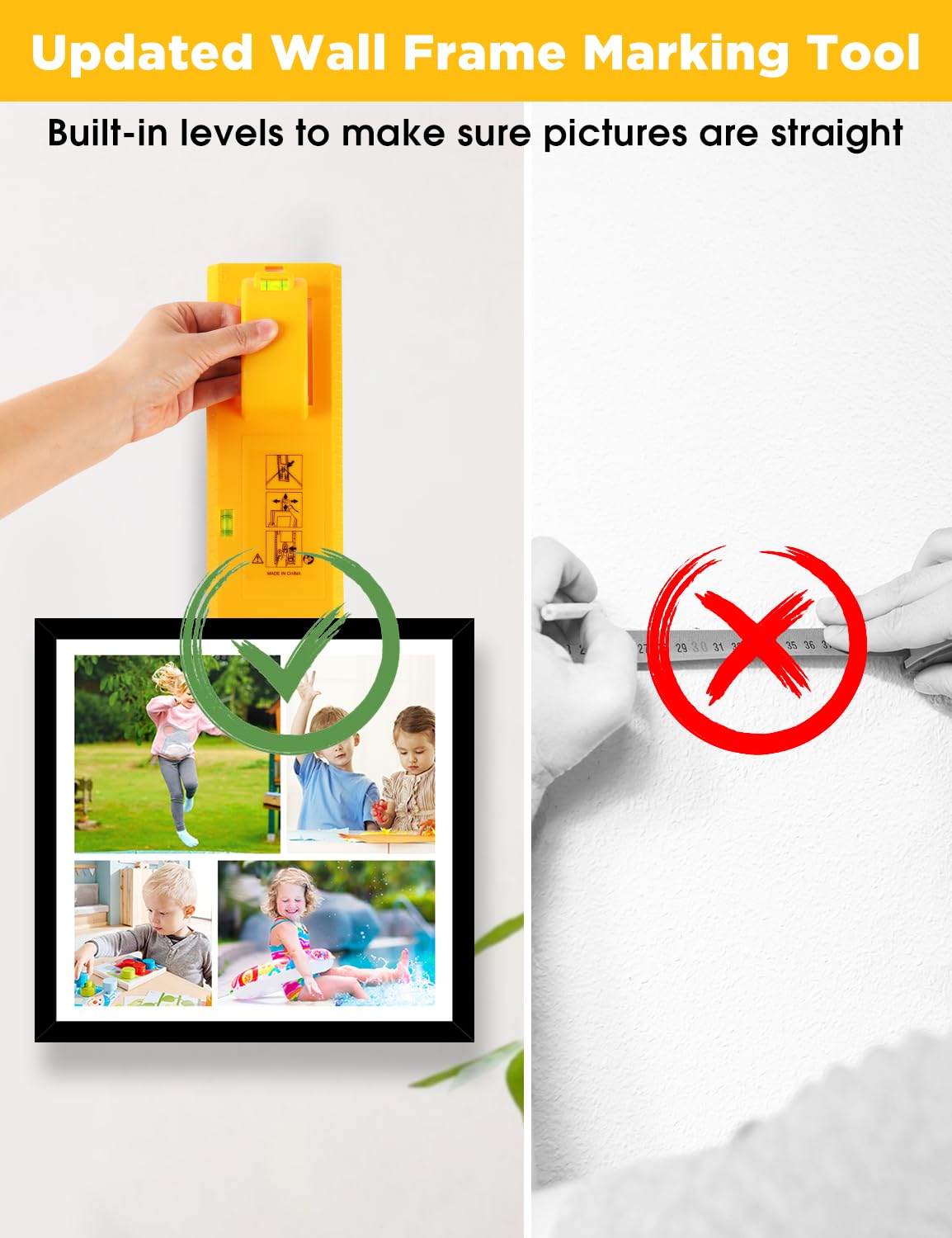 Stalishare Goodsnova Picture Hanging Tool with Level and Position Nail, Instaframe Kit Quick Hang and Level, Easy Picture Hanger Helper for Wall Frame/ Art/ Painting/ Photo/ Poster (Plastic, Yellow)