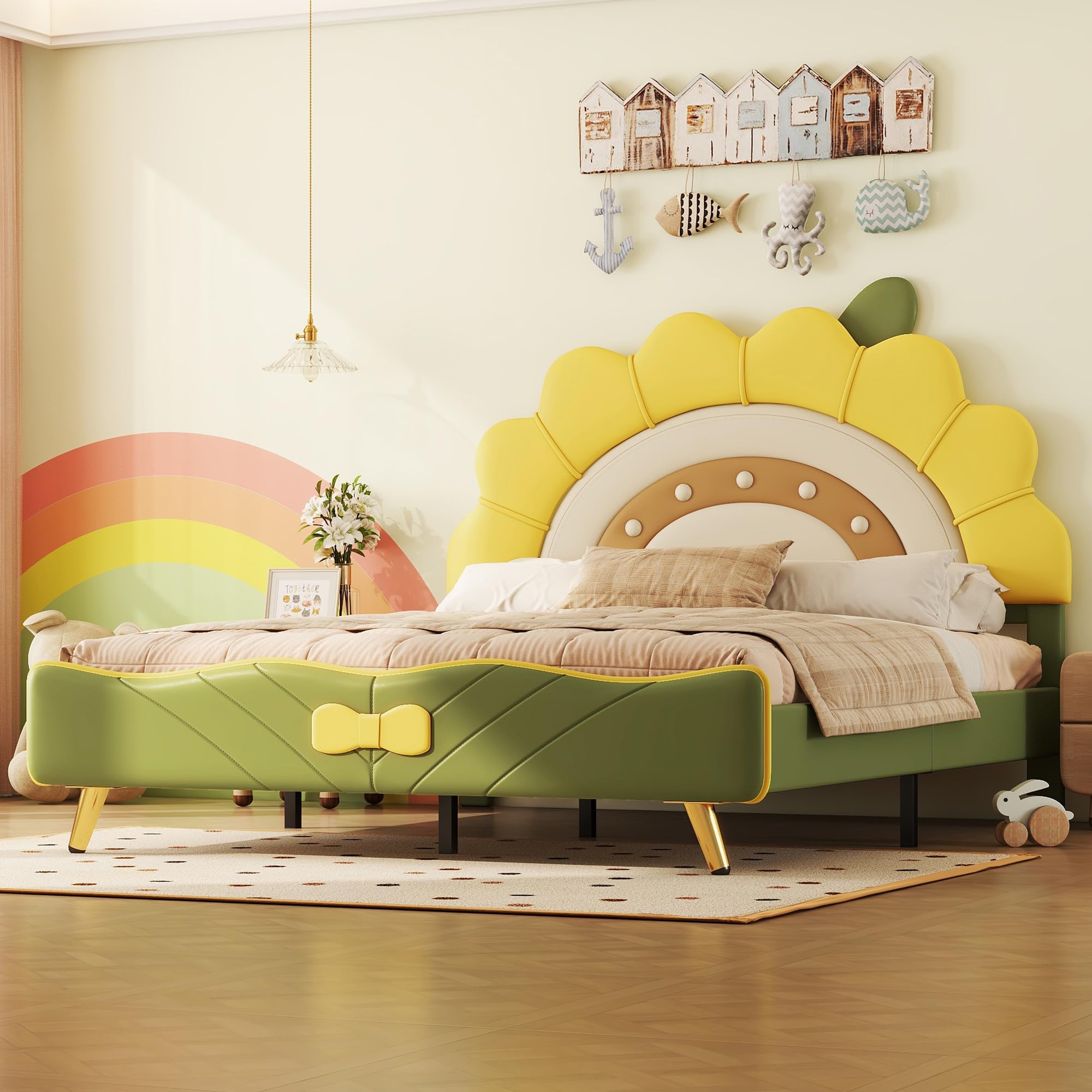 Merax Twin Size Bed Frames for Kids, Upholstered Platform Bedframe with Sunflower Shaped Headboard, No Box Spring Needed, Green