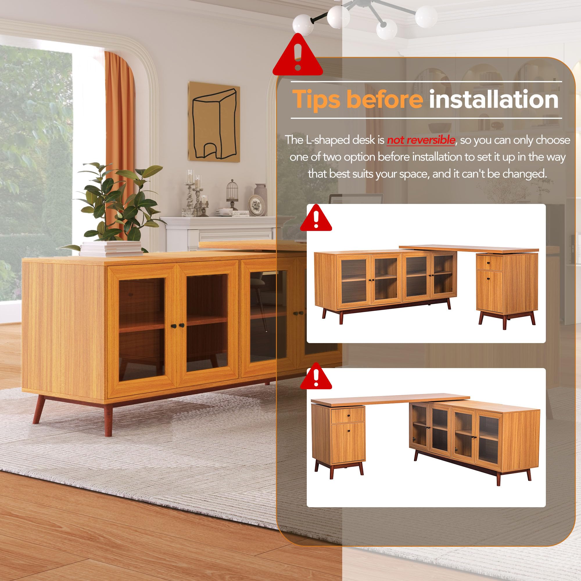 Pajadar L-Shaped Desk 66.5", Modern Executive Table with Delicate Tempered Glass Cabinet Storage, Teak Desk with Drawers, Long Desk for Modern Home Office