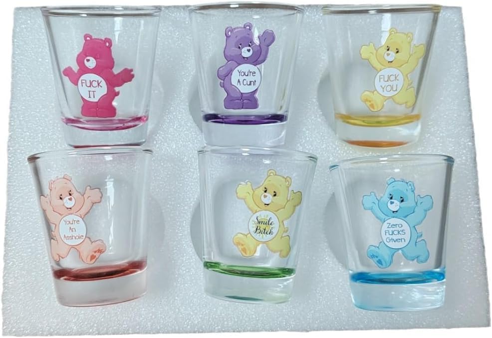 SIHPTO Swear Bears Shot Glasses 6-Pack Mini Glass Set,1.5 Ounces Swear Bears One Mouth Cup,Cocktail, Whiskey Six Colors Shot Glasses Set